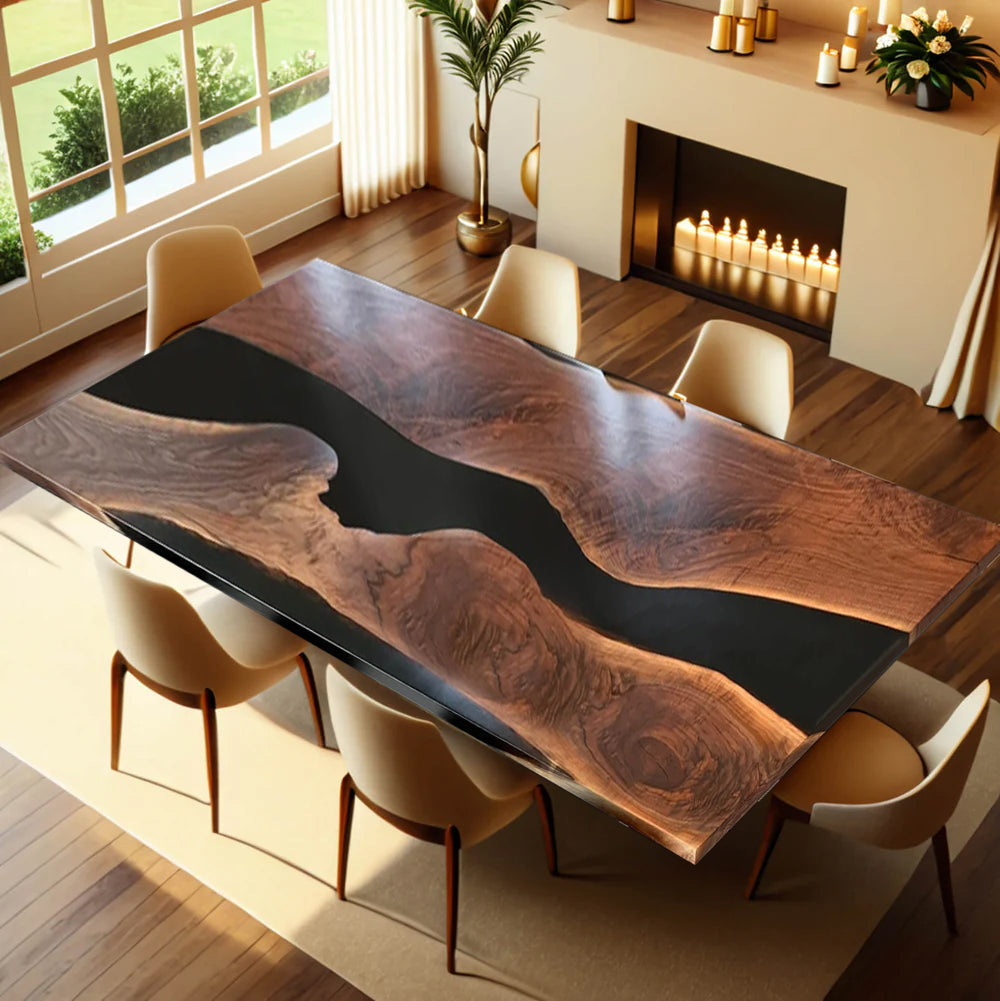 Custom Black Walnut Epoxy Resin River Table – Black Resin BWB-47
